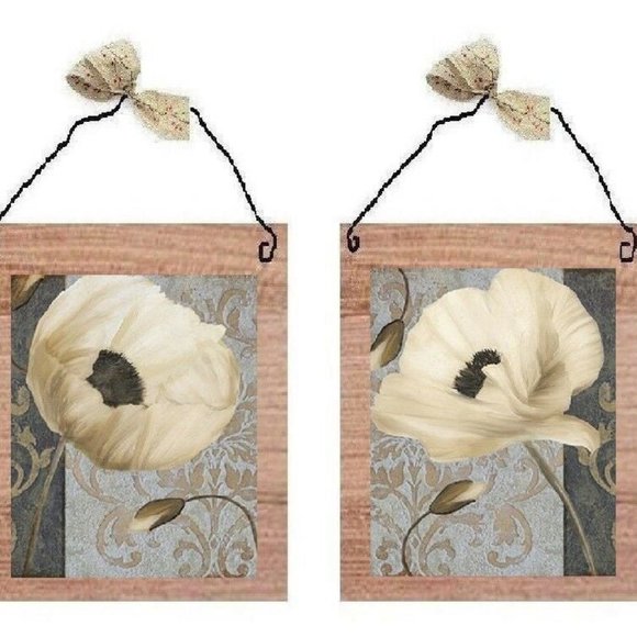 Handmade | Wall Decor | 2 Wooden Plaques White Poppy Flowers Floral ...